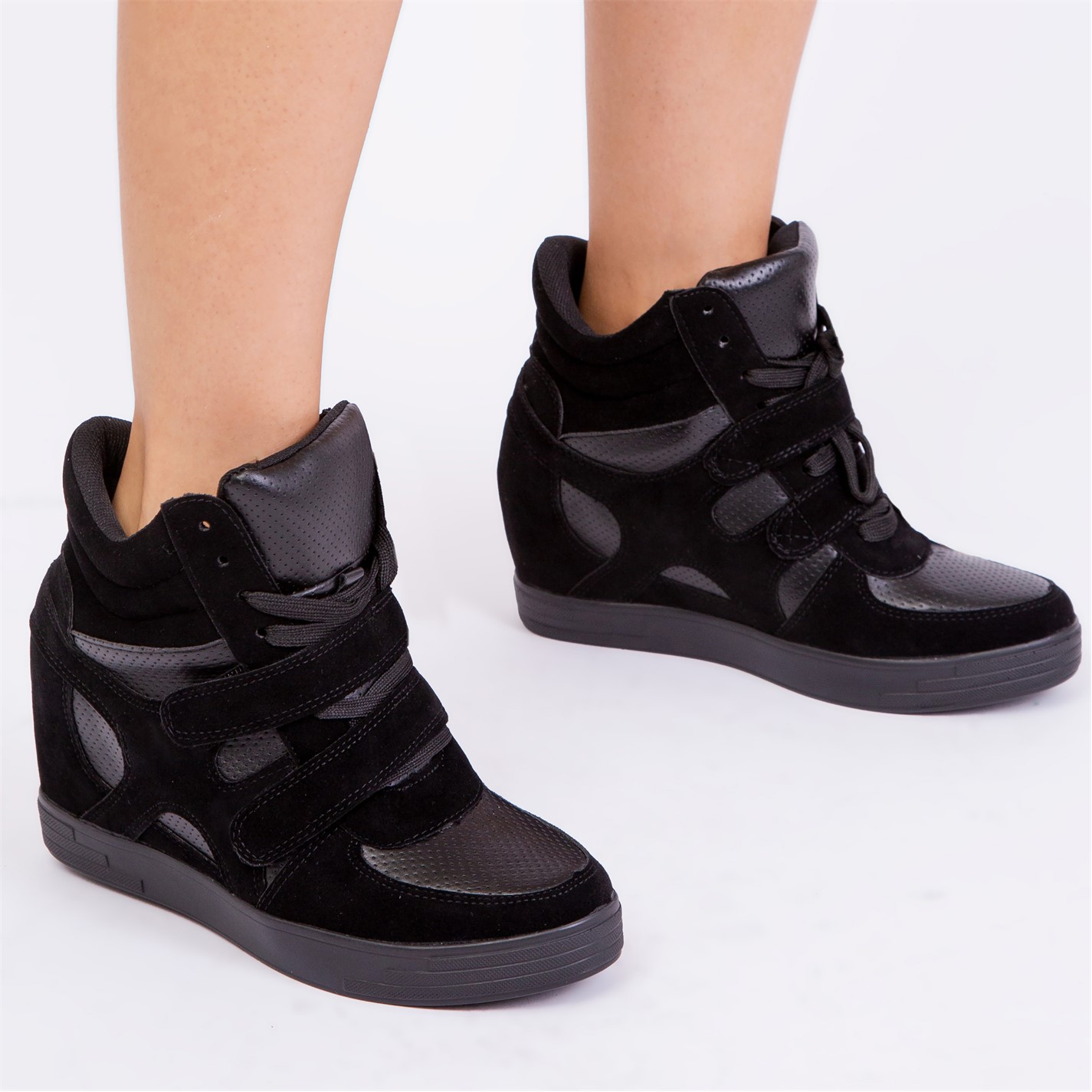 Wheres That From | Black Suede Hitop Wedge Trainers | Black | FRASERS