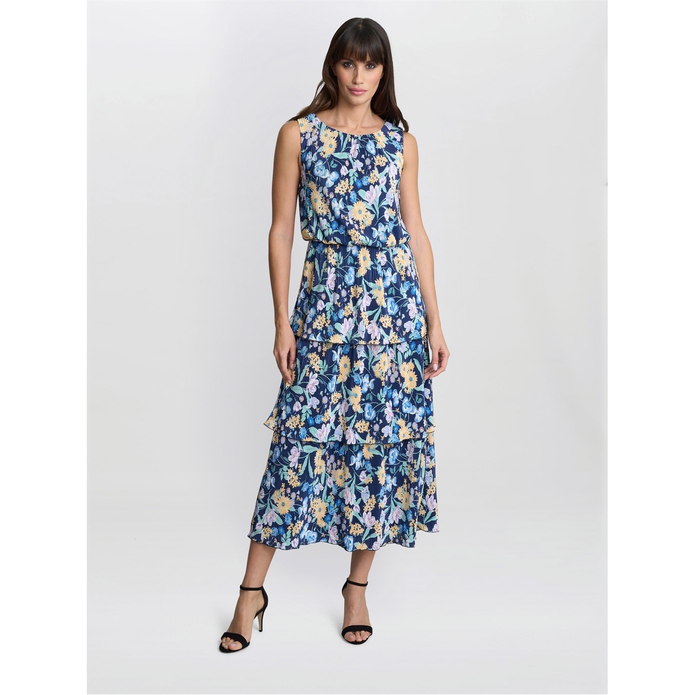 Gina Bacconi | Zara Floral Print Plisse Tier Dress | Navy / Multi | FRASERS