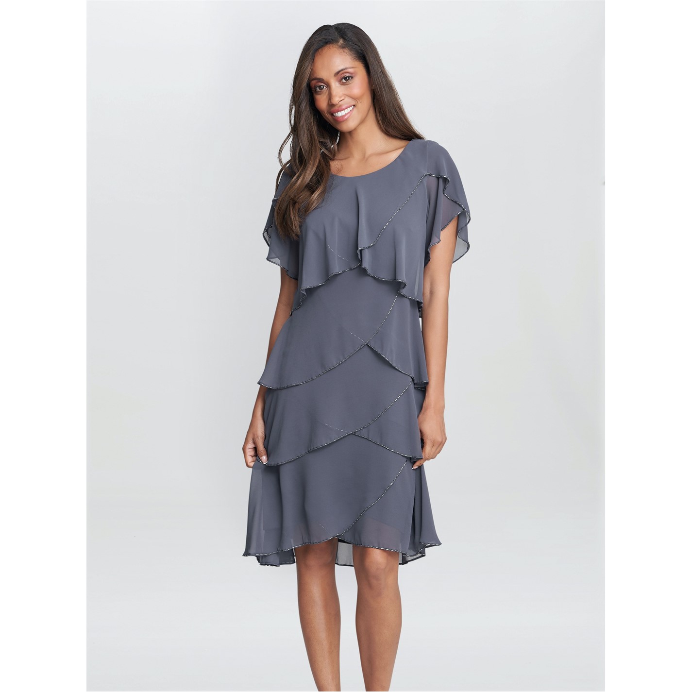 Gina Bacconi | Trysta Bugle Tiered Cocktail Dress | Steel | FRASERS