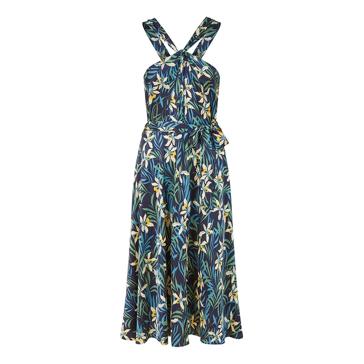 Yumi | Yumi Navy Tropical Print Satin Mdi Dress | Navy | FRASERS
