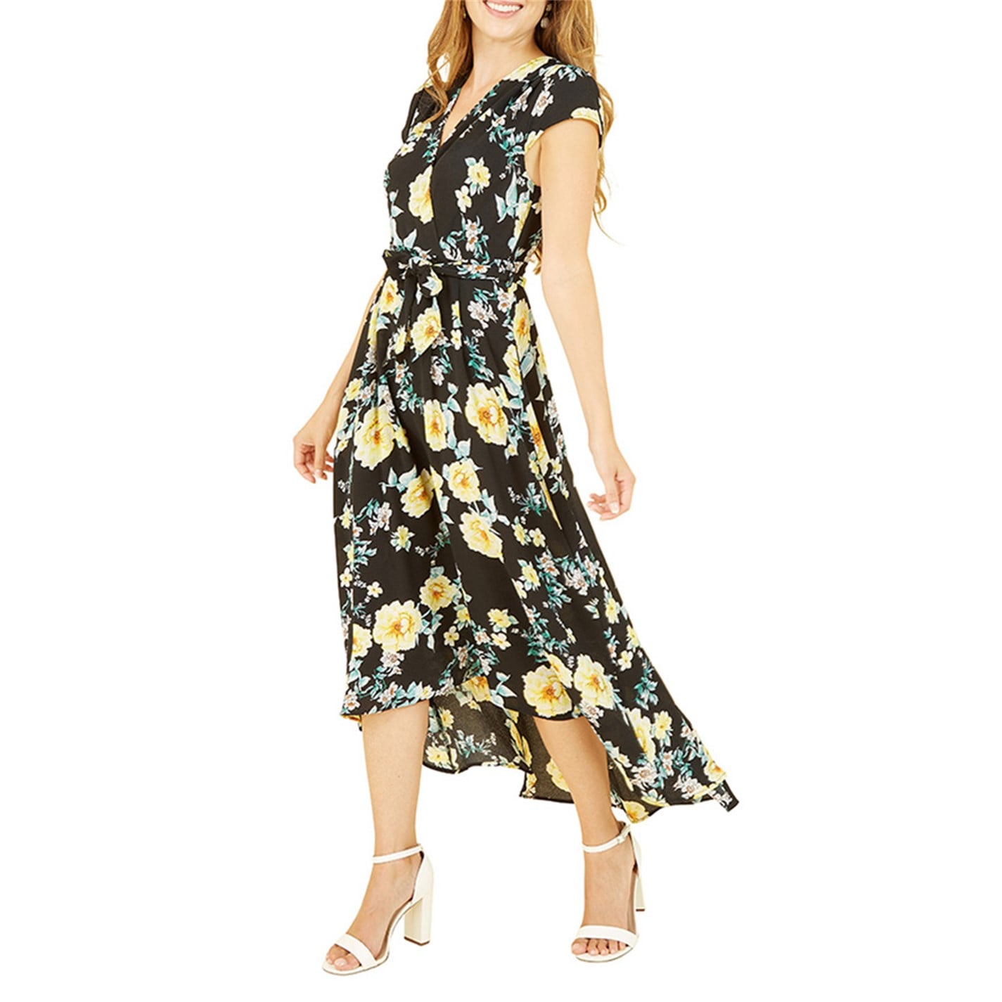 Mela London | Mela London Black Floral Dipped Hem Midi Wrap Dress ...