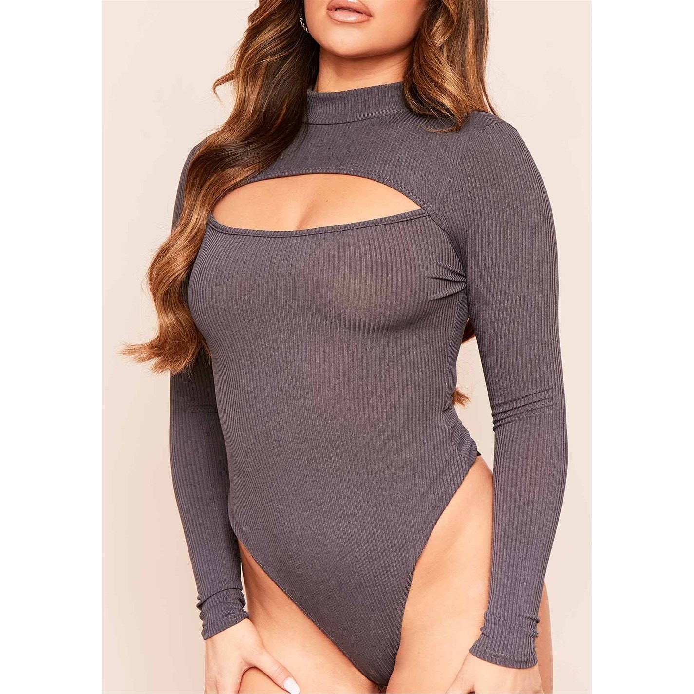 Missy Empire | Cut Out Turtle Neck Bodysuit | Charcoal | FRASERS