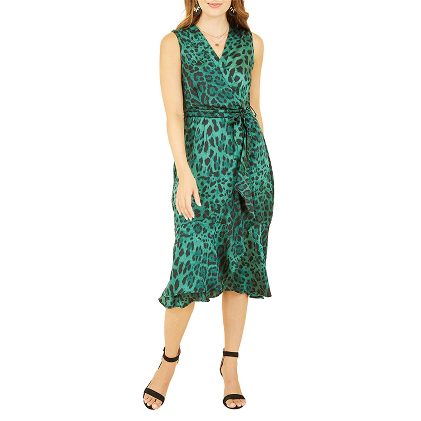 Mela London | Mela London Green Animal Print Satin Wrap Midi Dress ...