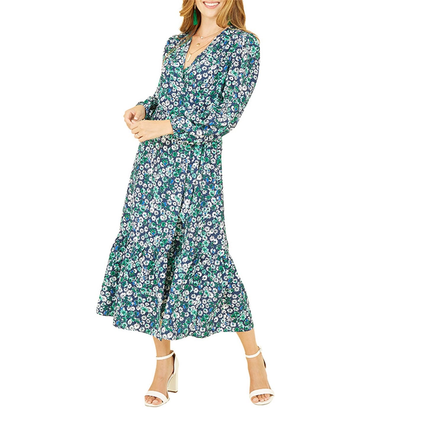 Yumi | Yumi Green Daisy Print Wrap Midi Dress | Wrap Dresses | FRASERS