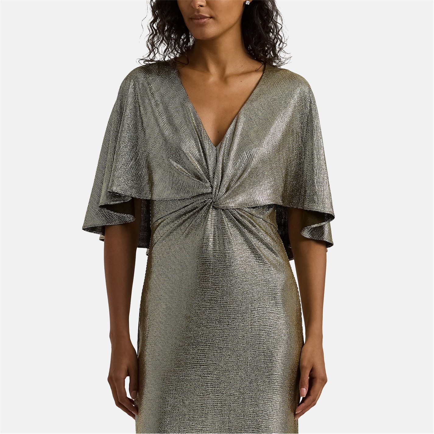 Lauren by Ralph Lauren | Metallic Knit Twist-Front Cape Gown | Botanic Grn/Gld | FRASERS