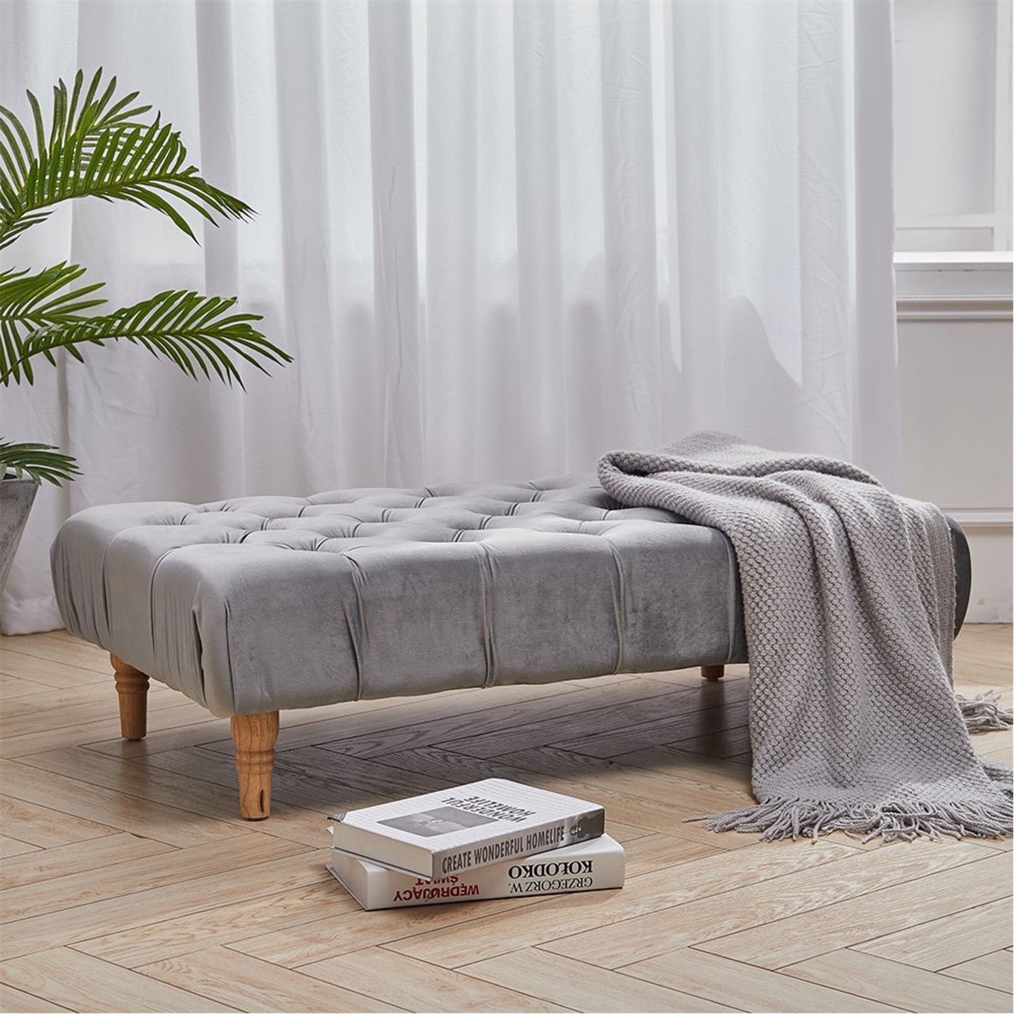 Cottonfy UK | Button-tufted Rectangular Velvet Footstool Grey | Grey ...