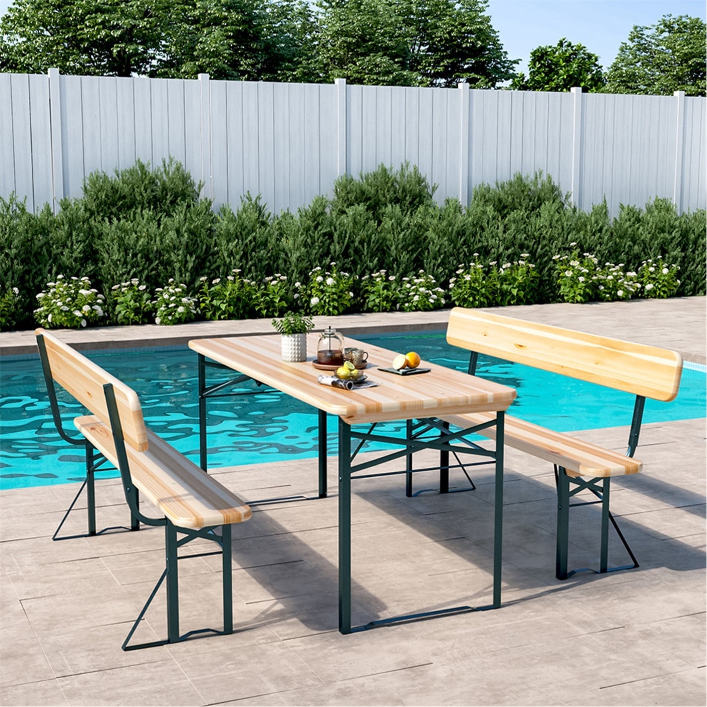 Breeins | Foldable Wooden Garden Table Benches Set, Brown | Brown | FRASERS