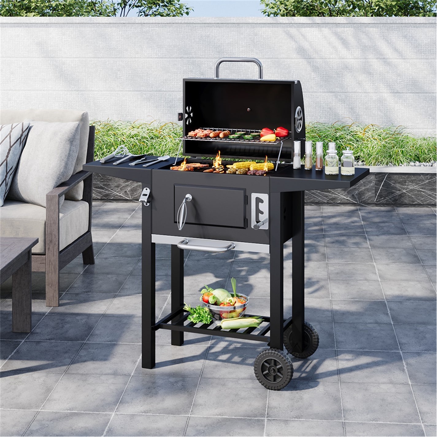 Breeins | Outdoor Charcoal Grill with Side Tables | Black | FRASERS