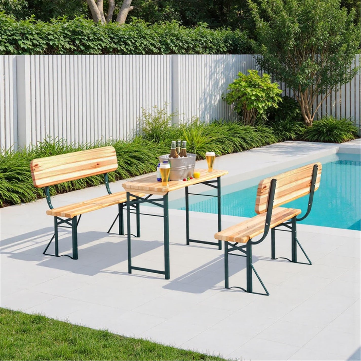Breeins | Rustic Wooden Folding Garden Benches Table Set | Brown | FRASERS
