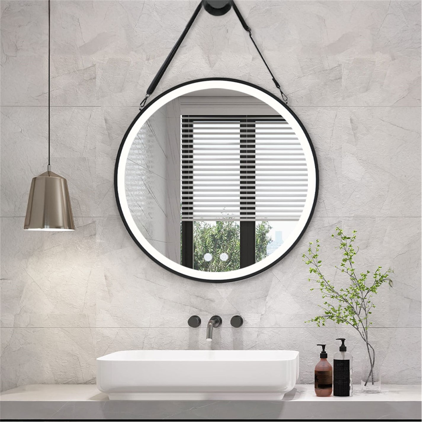 Cottonfy UK | Round Metal LED Mirror with Hanging Strap | Black | FRASERS