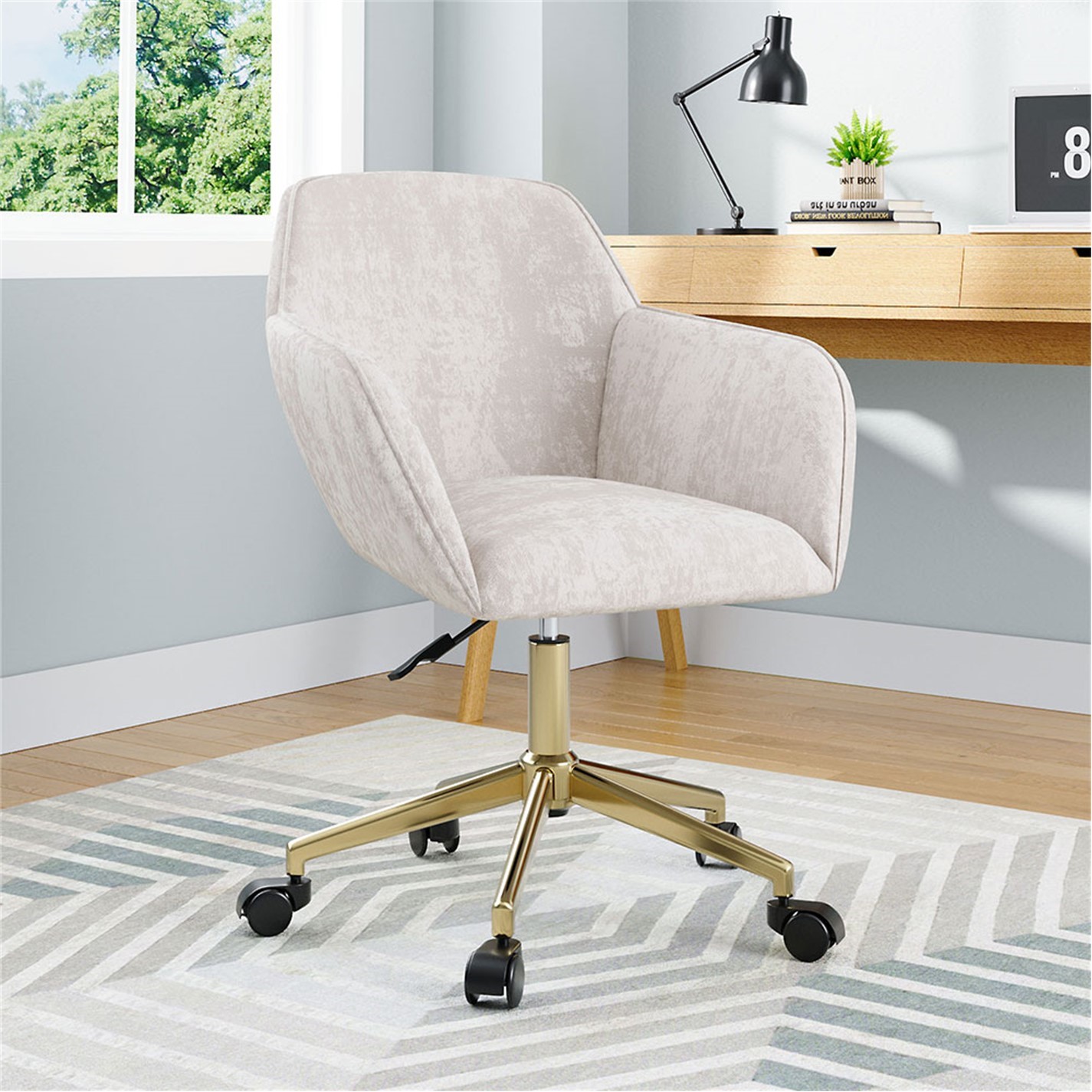 Living and Home | U-shaped Velvet Office Swivel Chair | Beige | FRASERS