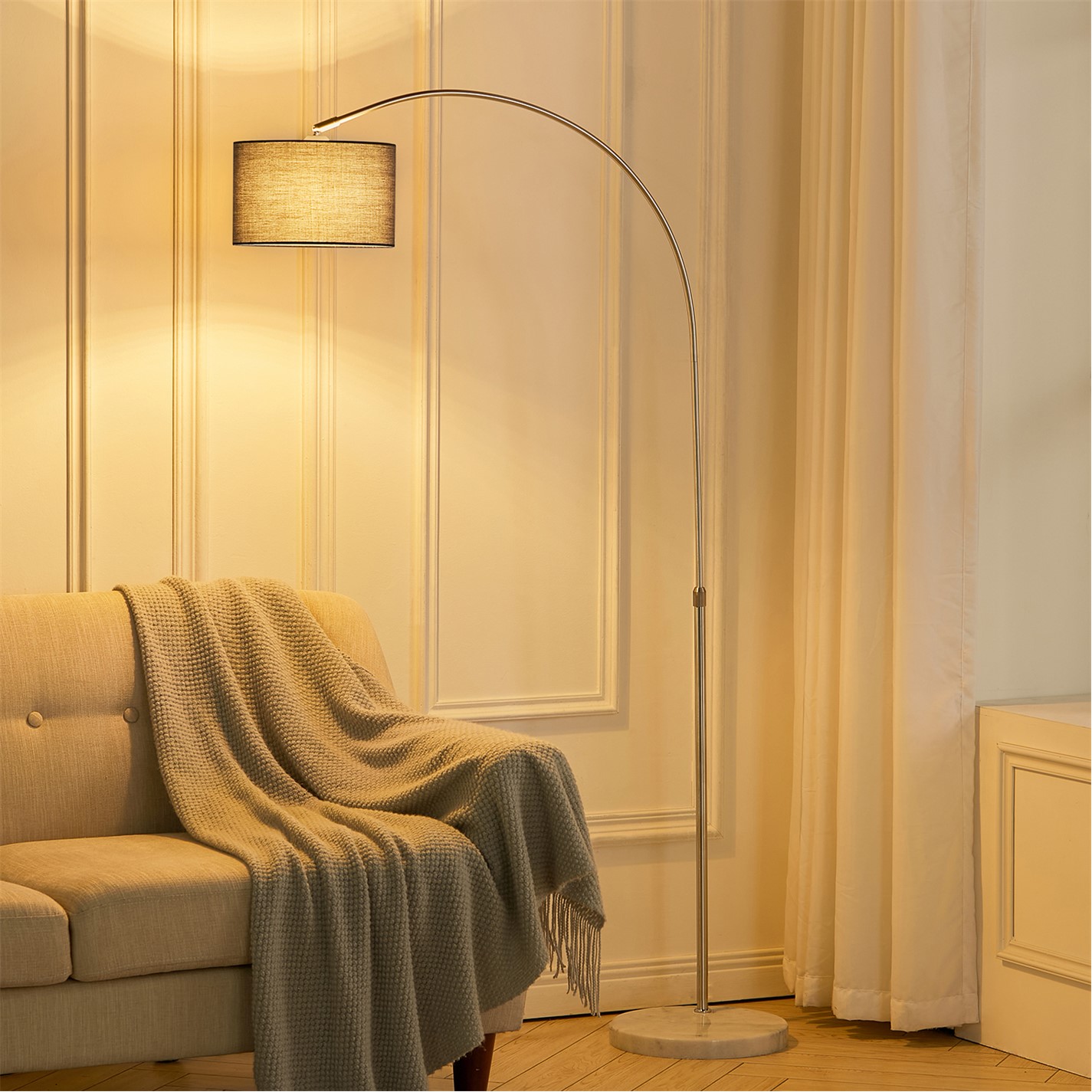 Cottonfy UK | Arched Floor Lamp Marble Base with Shade | Grey | FRASERS