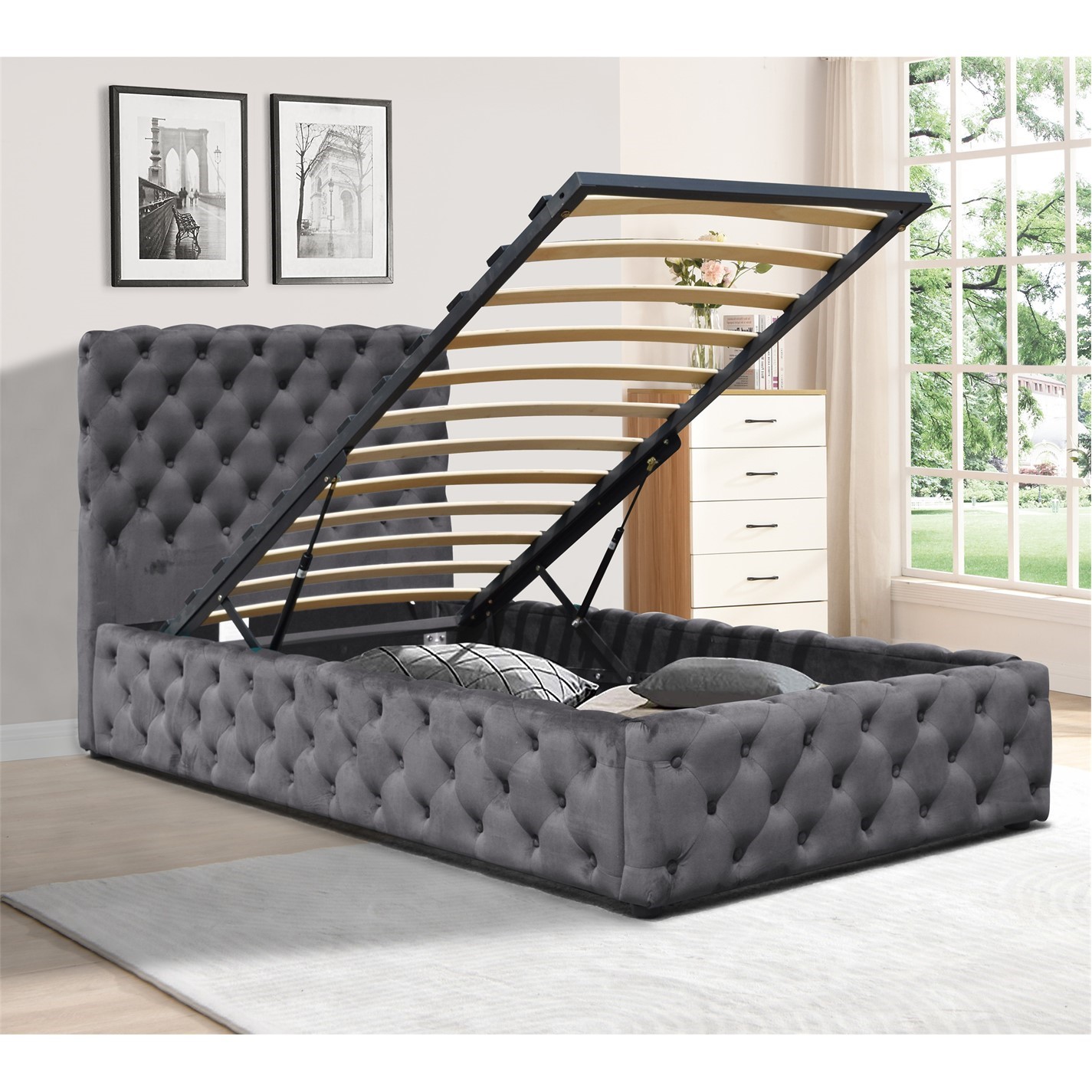 Comfy Living | Tufted Fabric Gas Lift Ottoman Bed Frame | Beds | FRASERS