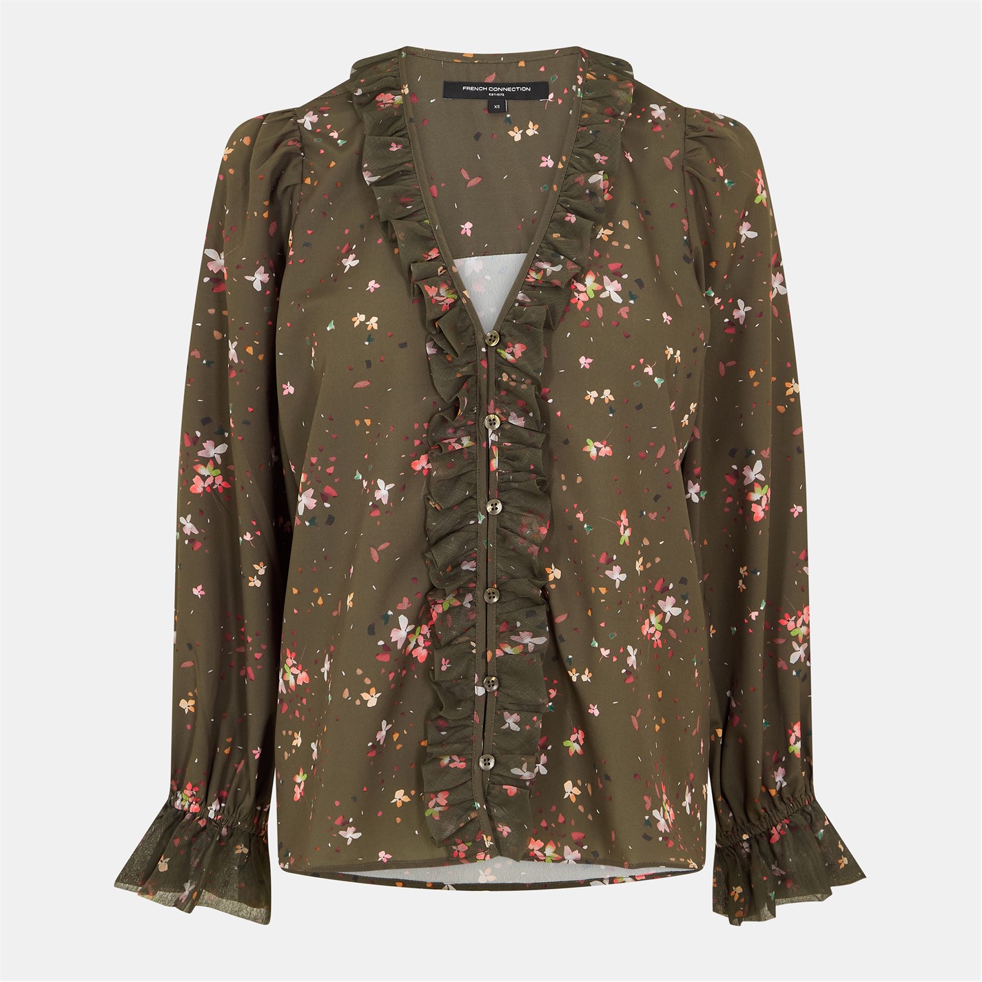 French Connection | Carina Recycled Crepe Ruffle Top | Olive | FRASERS