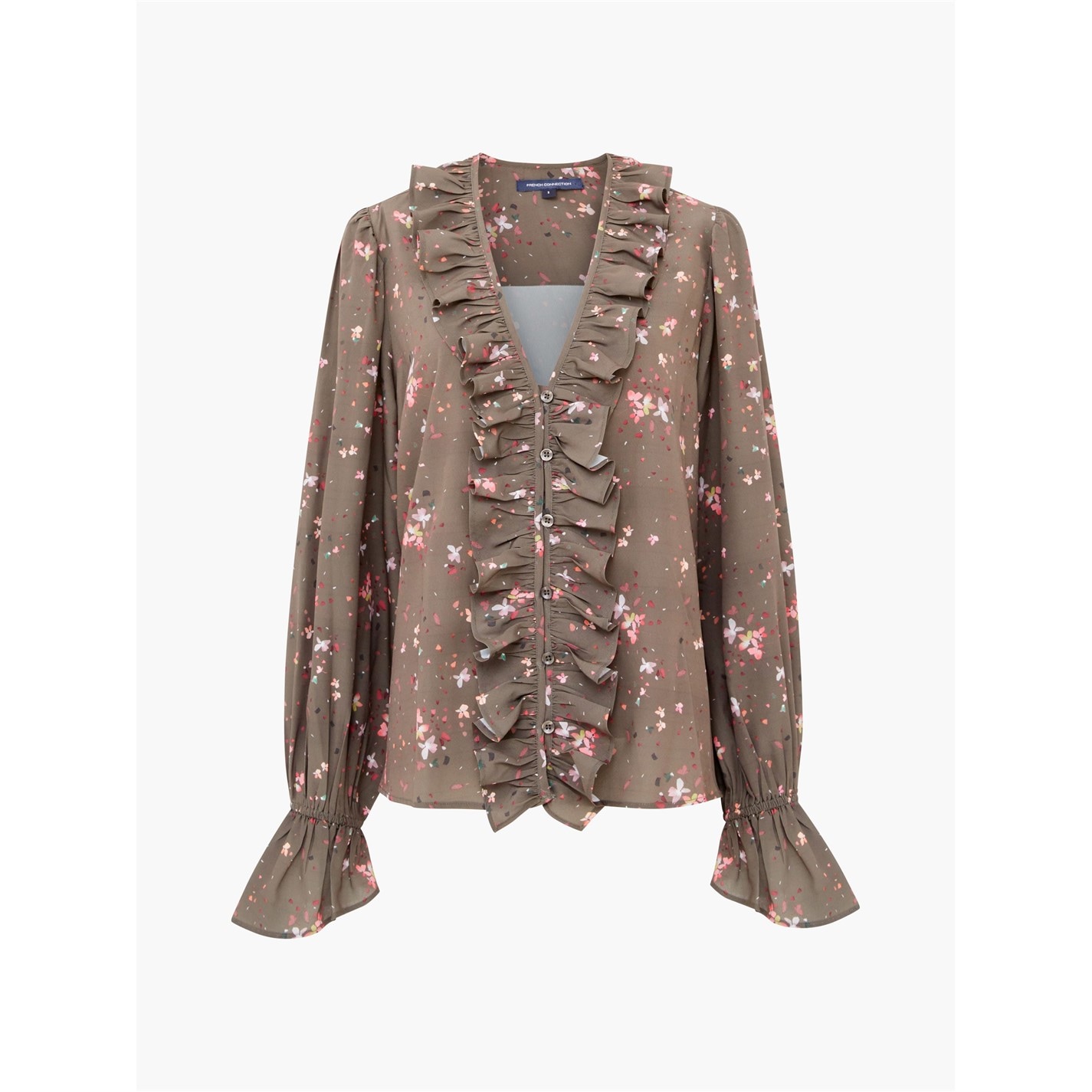 French Connection | Carina Recycled Crepe Ruffle Top | Olive | FRASERS