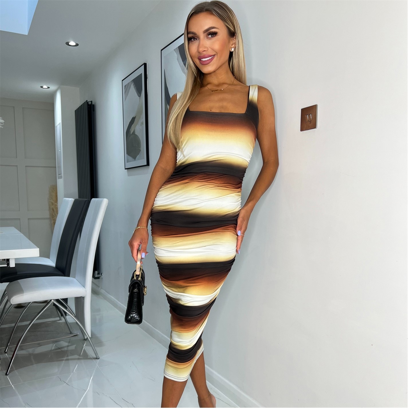 AX Paris | Brown Ombre Printed Square Neck Sleeveless Bodycon Midi ...