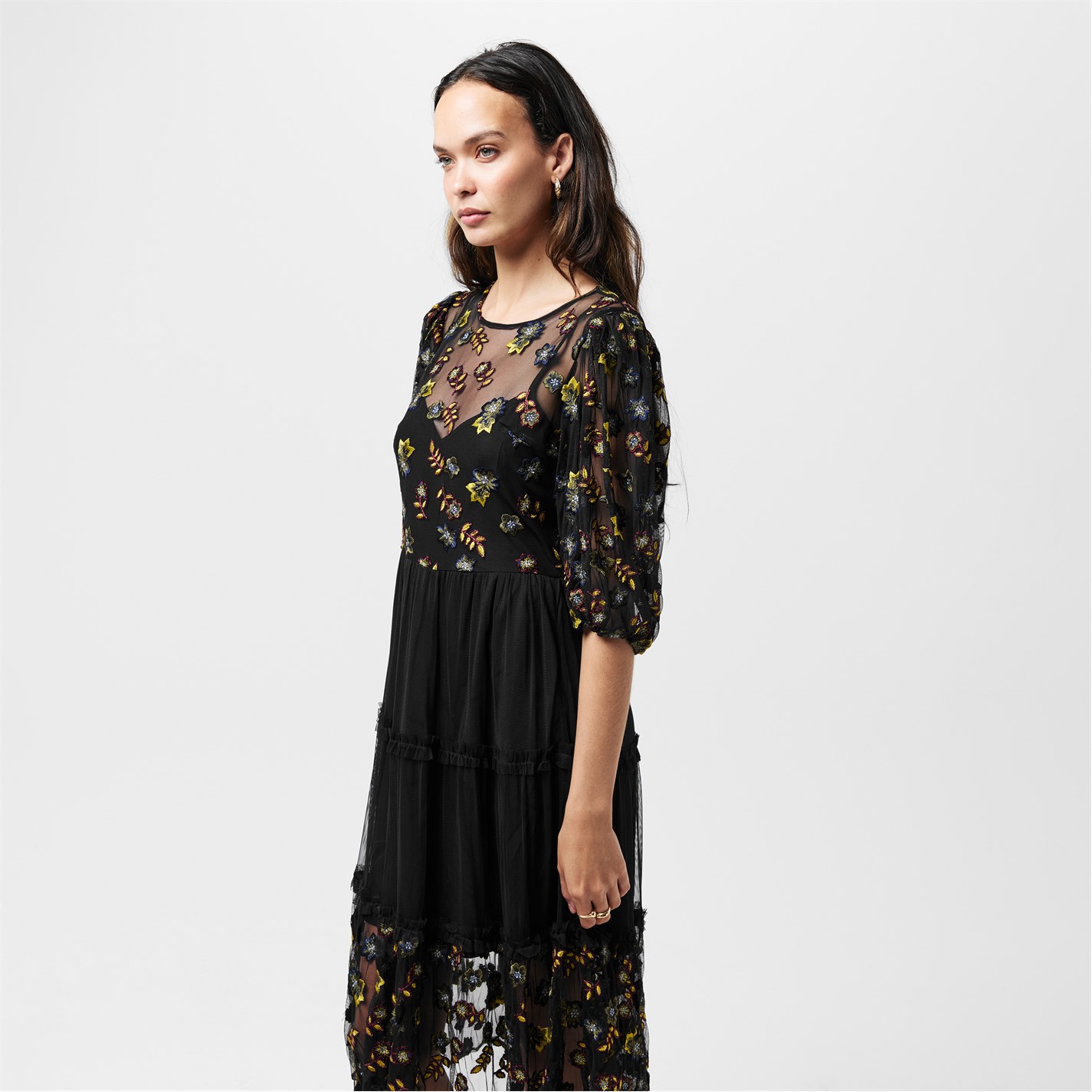 French Connection | Camielle Embroidered Midi Dress | 01-Blackout | FRASERS
