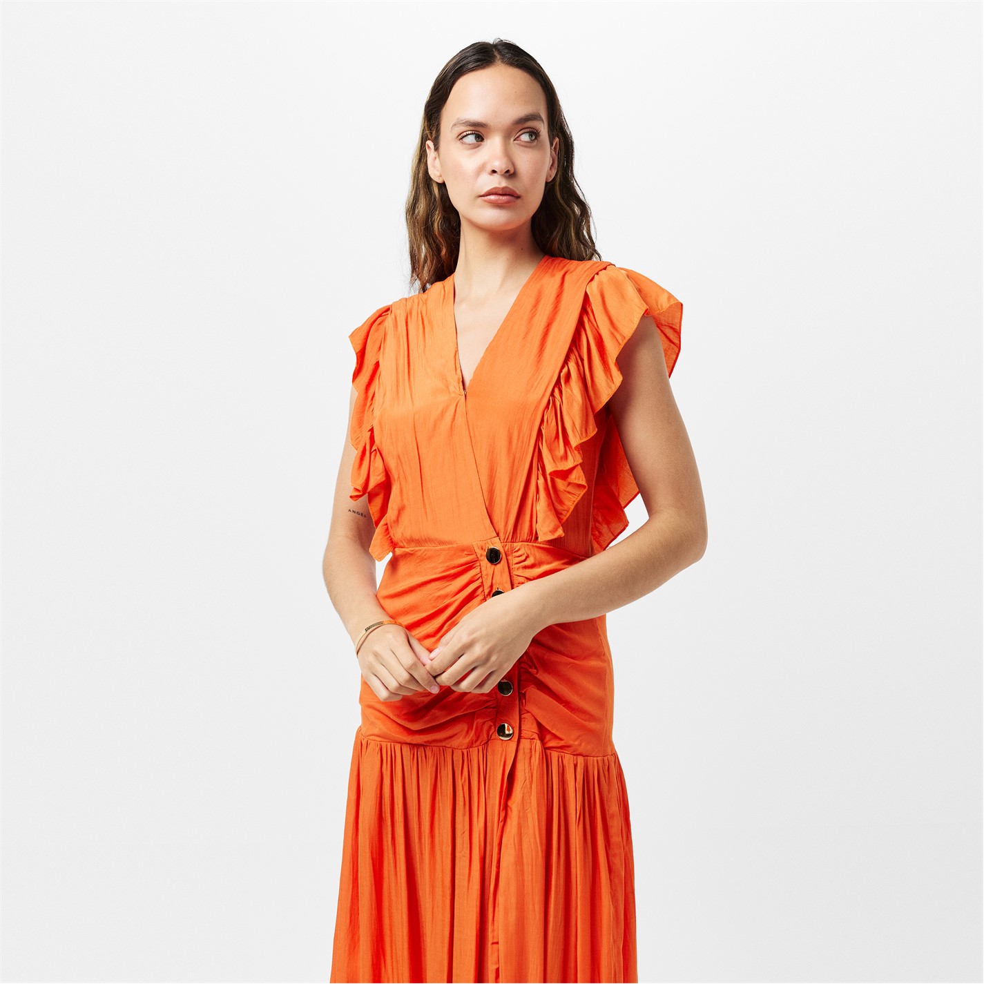 AX Paris | Orange Frill Shoulder Button Front Midi Dress | Orange | FRASERS