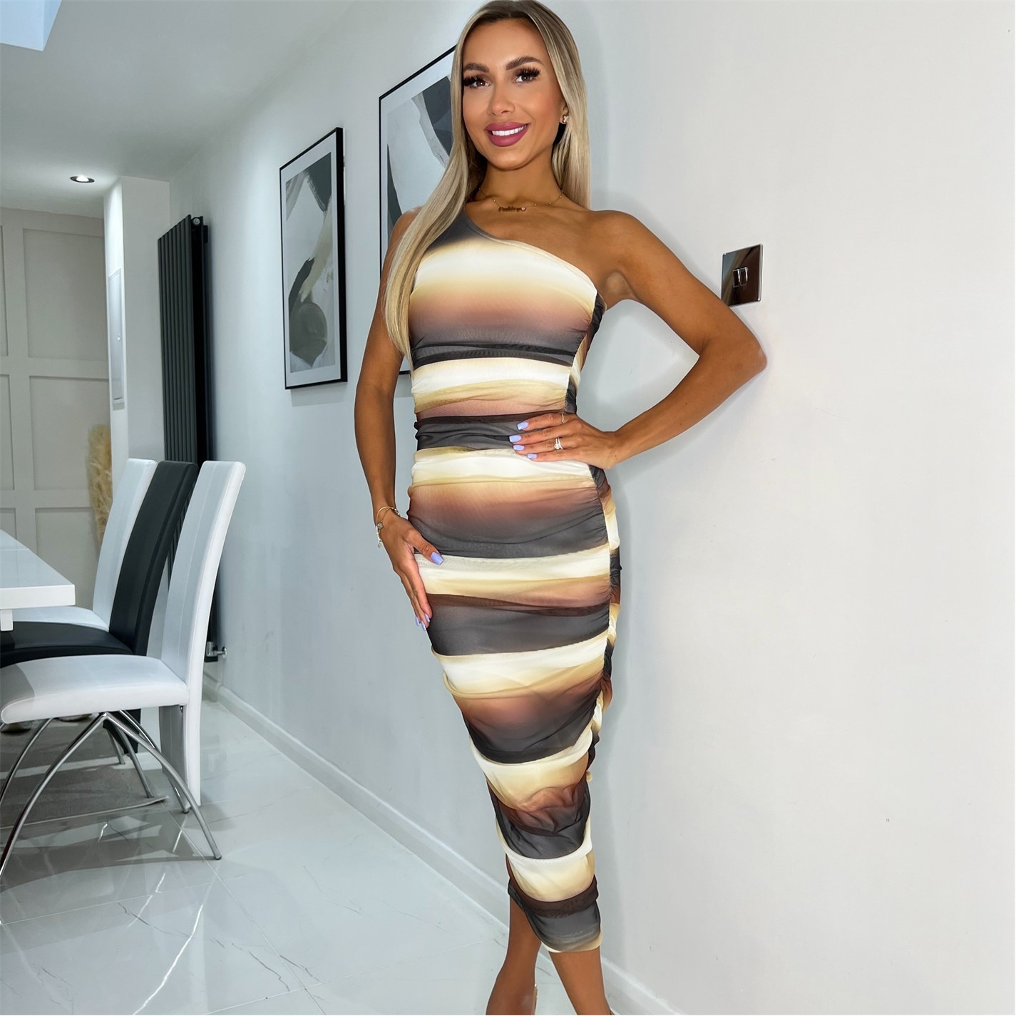 AX Paris | Brown Ombre Printed Mesh One Shoulder Bodycon Midi Dress ...