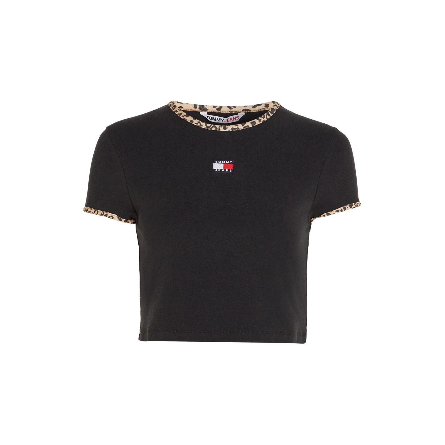Tommy Jeans | Cropped Leopard Binding T Shirt | Black/Leopard | FRASERS