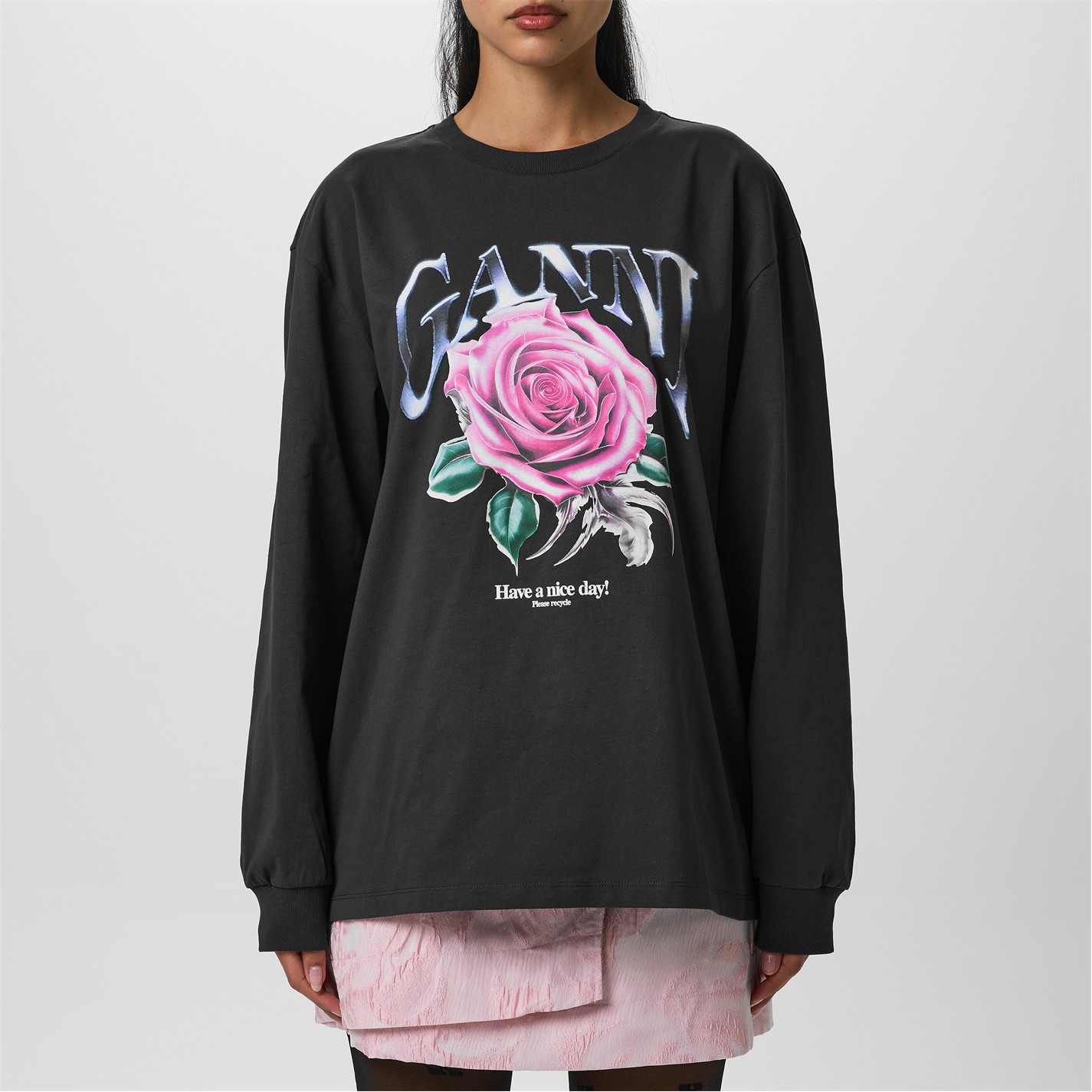 GANNI | Rose Print Crew Long-Sleeve T-Shirt | Phantom | FRASERS