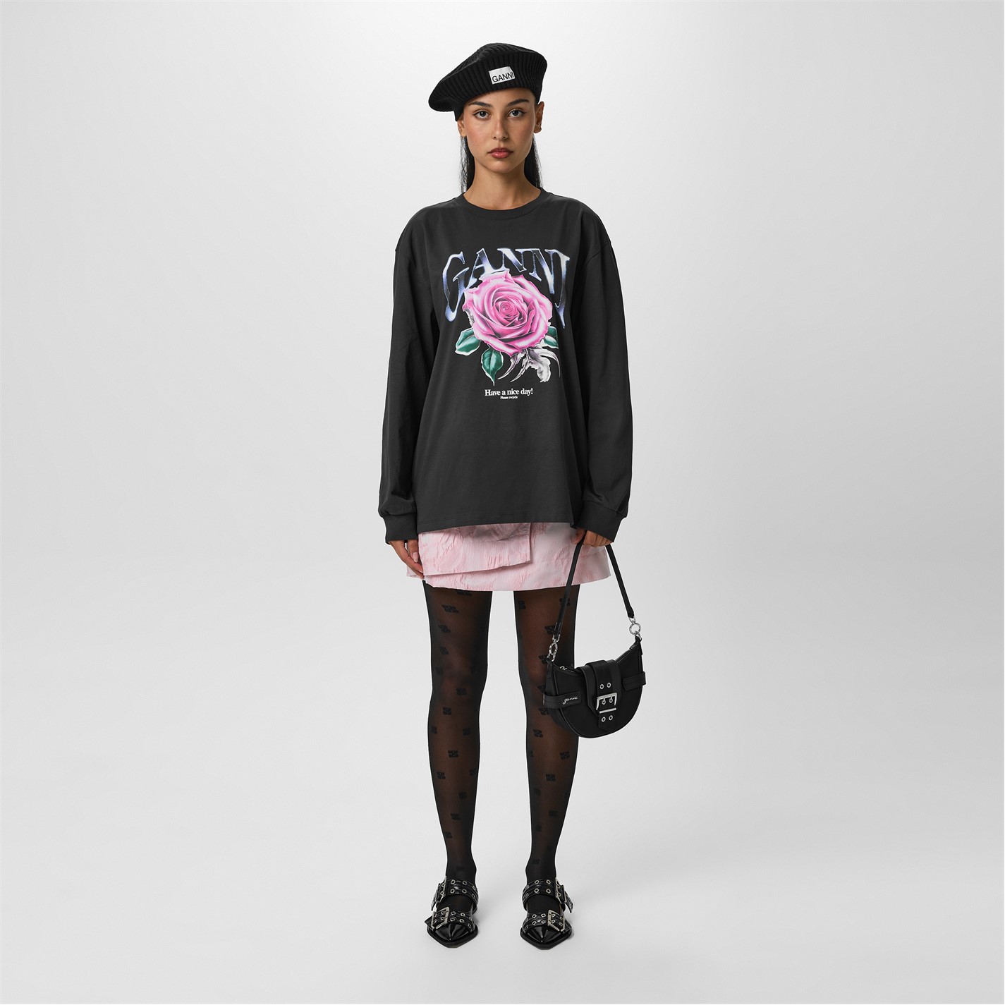 GANNI | Rose Print Crew Long-Sleeve T-Shirt | Phantom | FRASERS