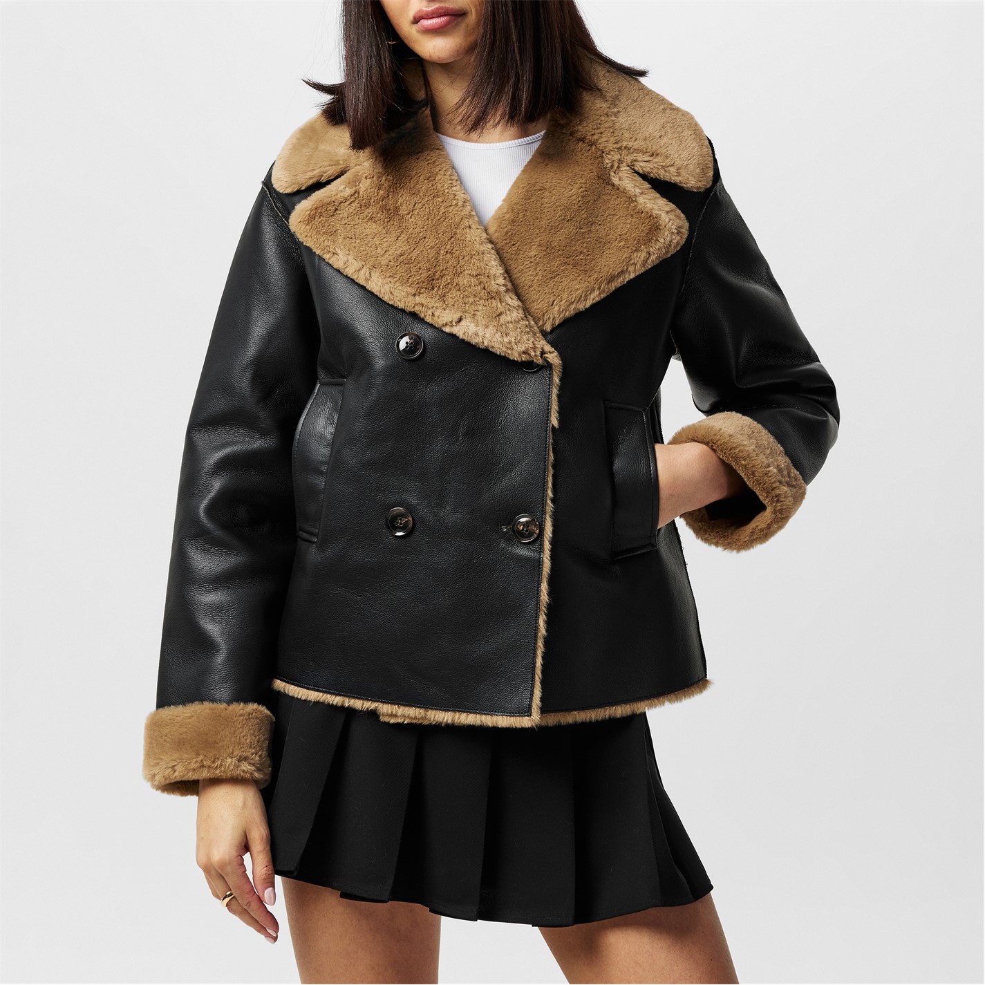 French Connection | Cerys PU Faux Fur Coat | 01-Blackout- | FRASERS