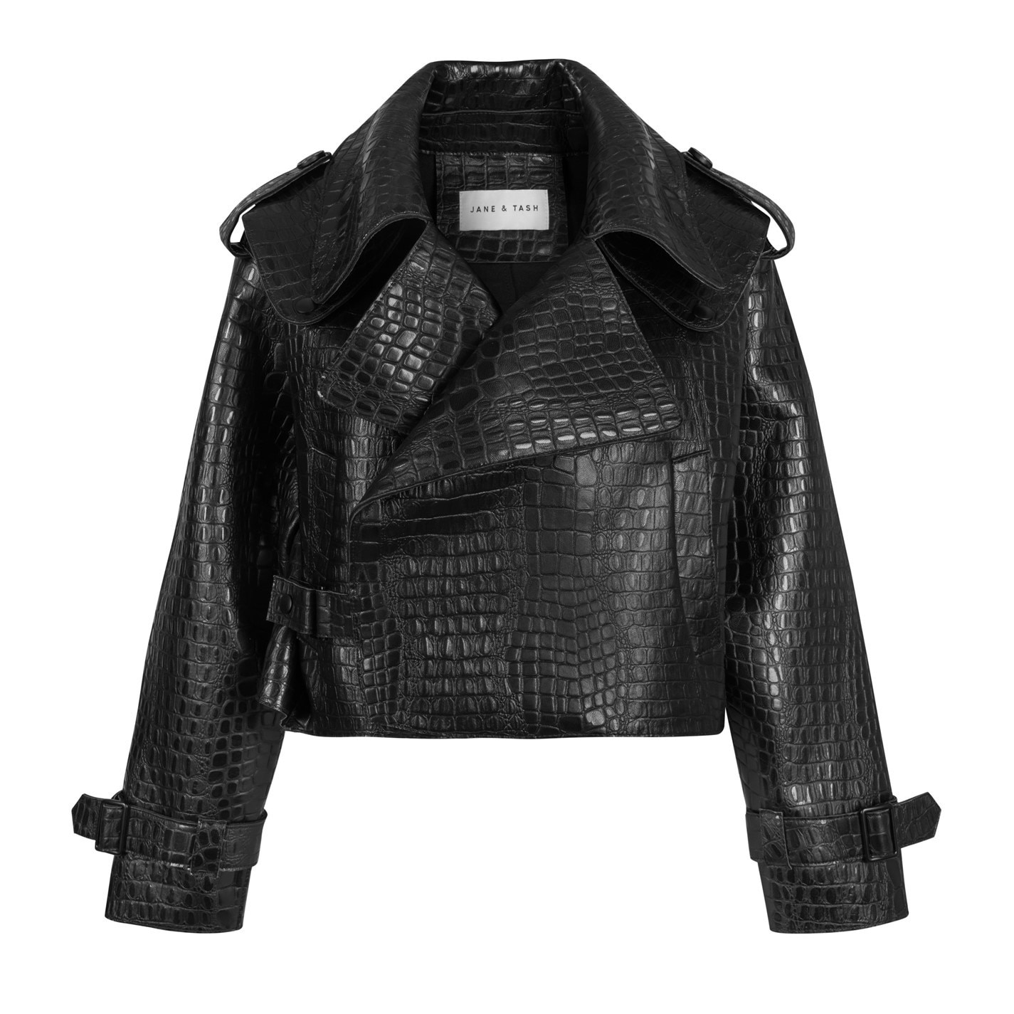 JANE AND TASH | Croc Oversized Leather Jacket | Matte Black | FRASERS