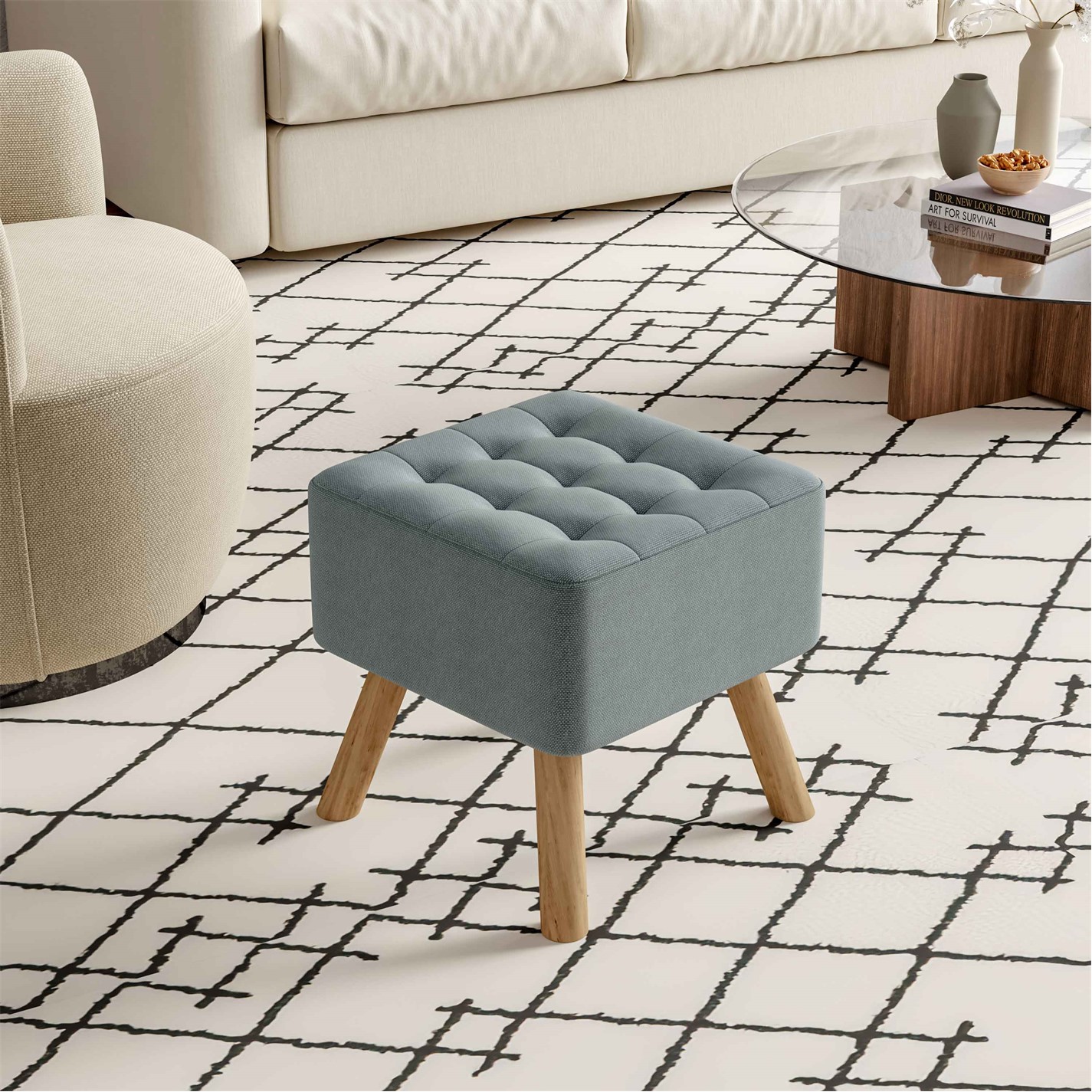 Living and Home | Light Grey Linen Fabric Wooden Leg Footstool | Light ...