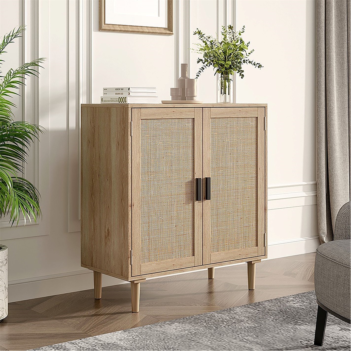Cottonfy UK | Rattan Sideboard with Double Doors and Shelf | Brown ...