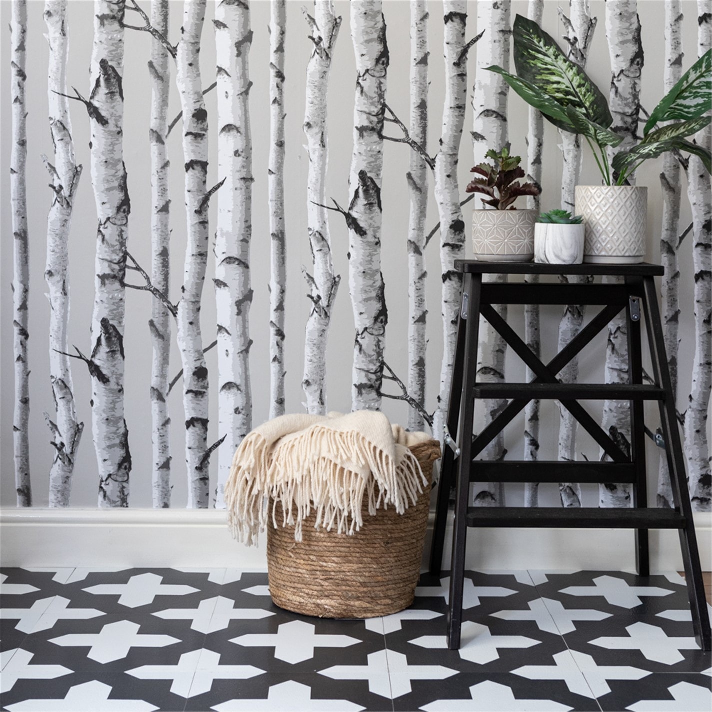Wall Pops | Self Adhesive Wallpaper Birch Tree | Grey | FRASERS
