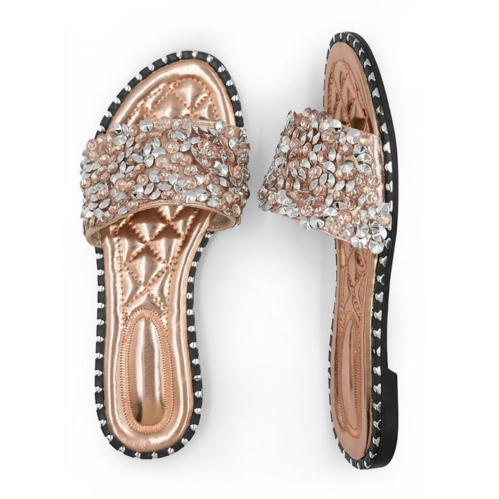 Wheres That From | Rose Gold Belle Diamante Sparkly Flat Sliders ...