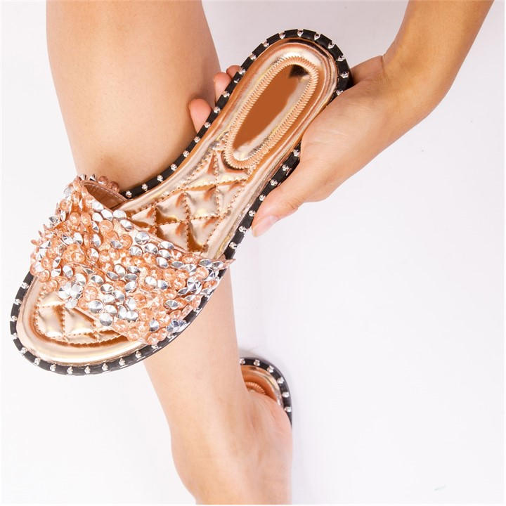 Wheres That From | Rose Gold Belle Diamante Sparkly Flat Sliders ...