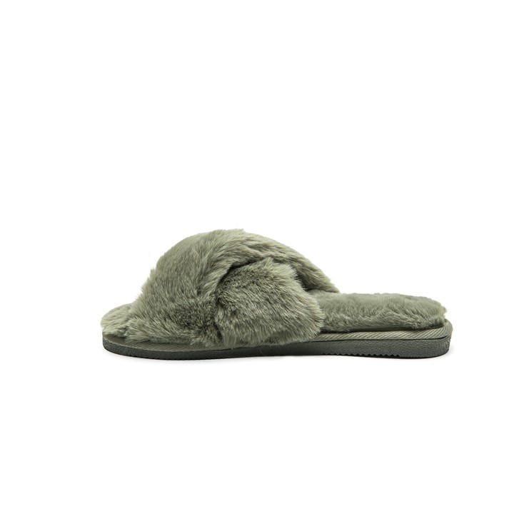 Be You | Faux Fur Cross Over Slipper | Khaki | FRASERS