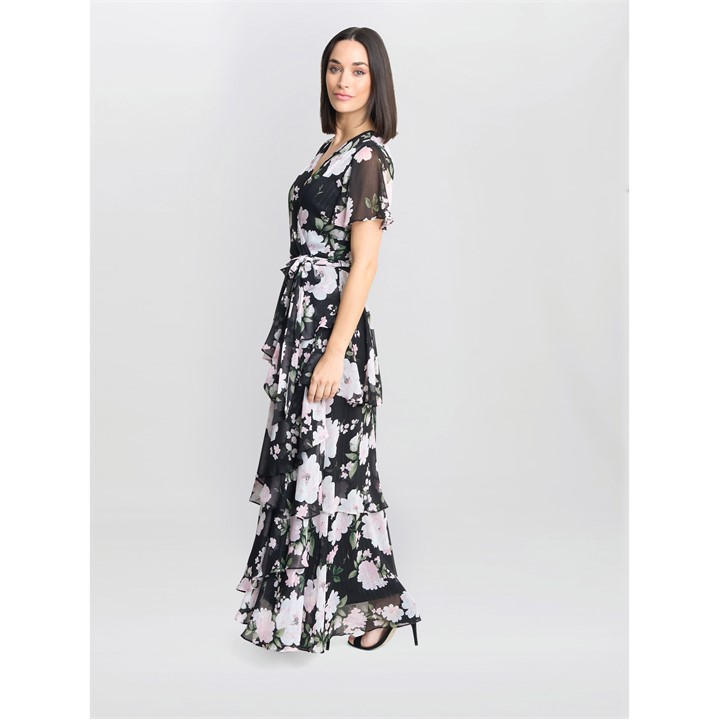Gina Bacconi | Sally Printed Maxi Tiered Dress | Black / Multi | FRASERS