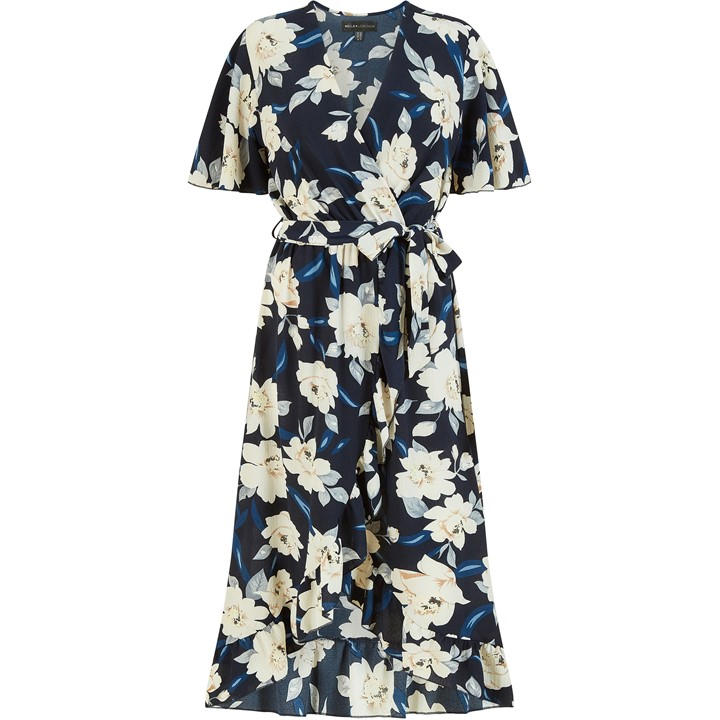 Mela London | Navy Floral Print Midi Wrap Dress | Navy | FRASERS