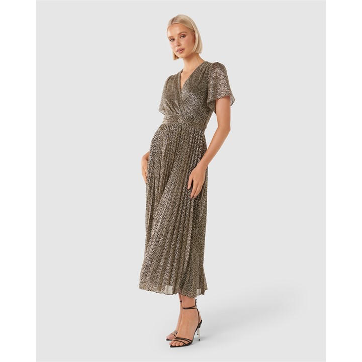 Forever New | Devyn Flutter Sleeve Plisse Midi Dress | Black/Gold | FRASERS