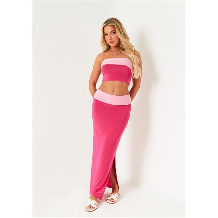 Missy Empire | Contrast Fold Over Slinky Bandeau Top | Pink | FRASERS