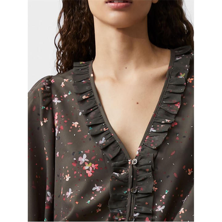 French Connection | Carina Recycled Crepe Ruffle Top | Olive | FRASERS