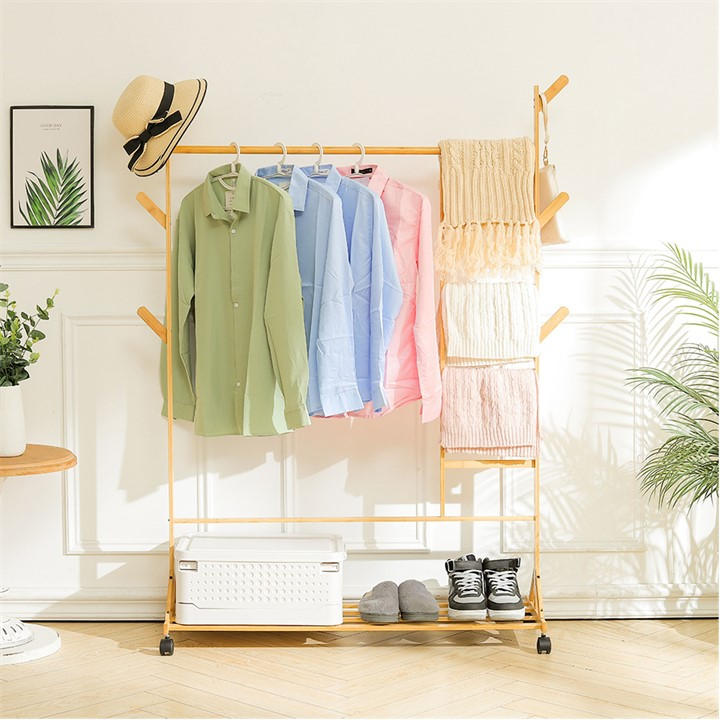 Living and Home | Bamboo Clothes Rack with Shelf and Wheels | Brown ...